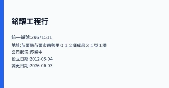 銘耀工程行的照片-統編 39671511(苗栗縣) 公司登記資料與營業項目詳細圖表