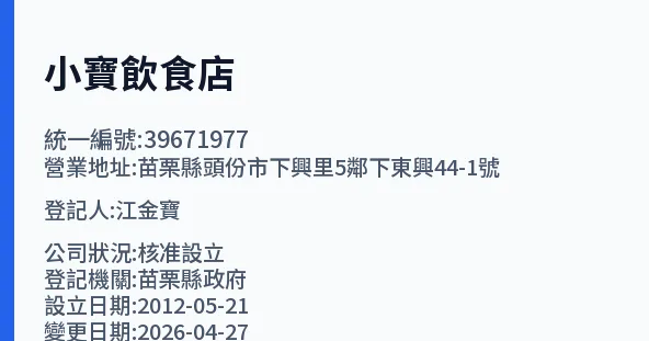 小寶飲食店的照片-統編 39671977(苗栗縣) 公司登記資料與營業項目詳細圖表