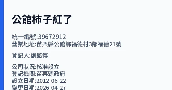 公館柿子紅了的照片-統編 39672912(苗栗縣) 公司登記資料與營業項目詳細圖表