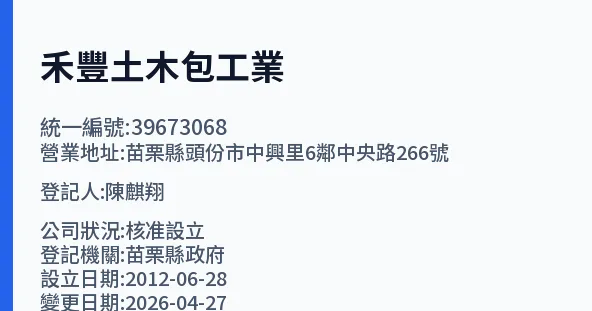 禾豐土木包工業的照片-統編 39673068(苗栗縣) 公司登記資料與營業項目詳細圖表