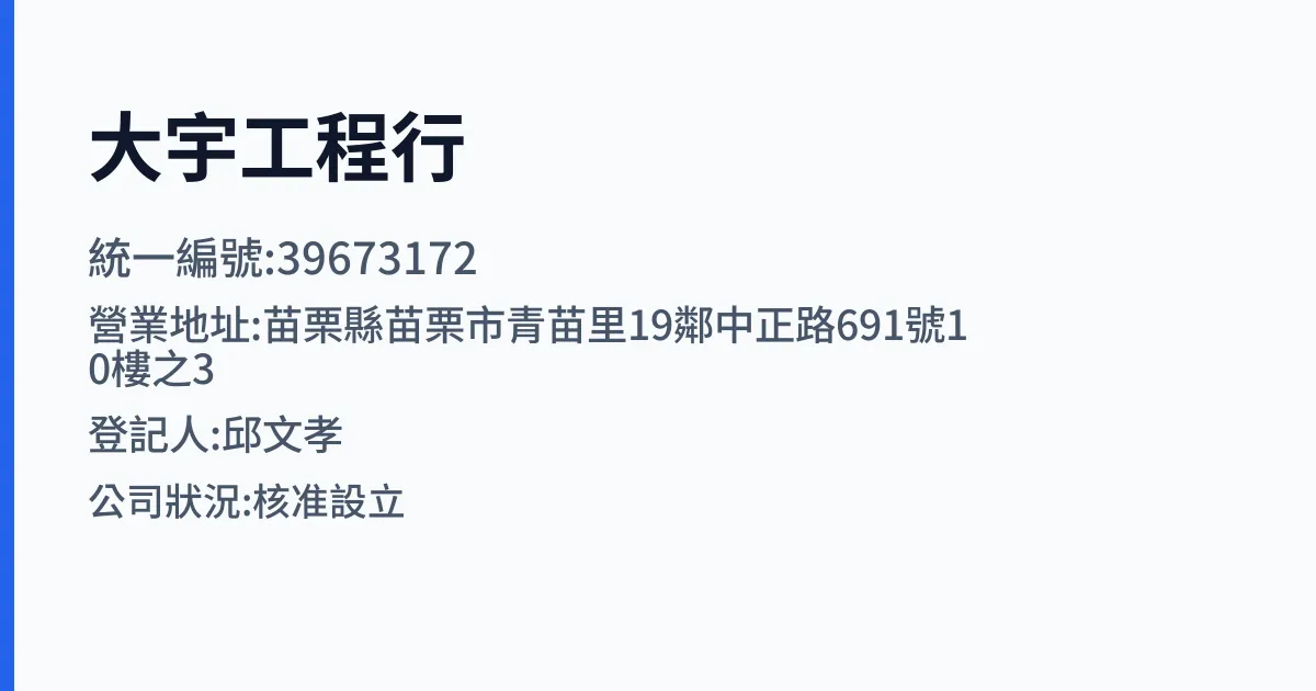 大宇工程行 - 統編 39673172(苗栗縣) 公司登記資料與營業項目詳細圖表