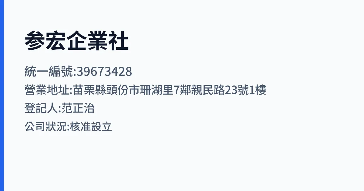 参宏企業社 - 統編 39673428(苗栗縣) 公司登記資料與營業項目詳細圖表
