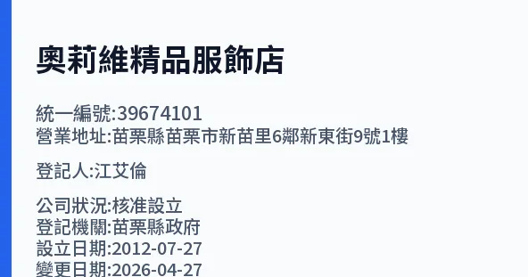 奧莉維精品服飾店的照片-統編 39674101(苗栗縣) 公司登記資料與營業項目詳細圖表