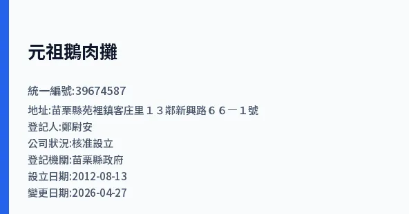 元祖鵝肉攤的照片-統編 39674587(苗栗縣) 公司登記資料與營業項目詳細圖表