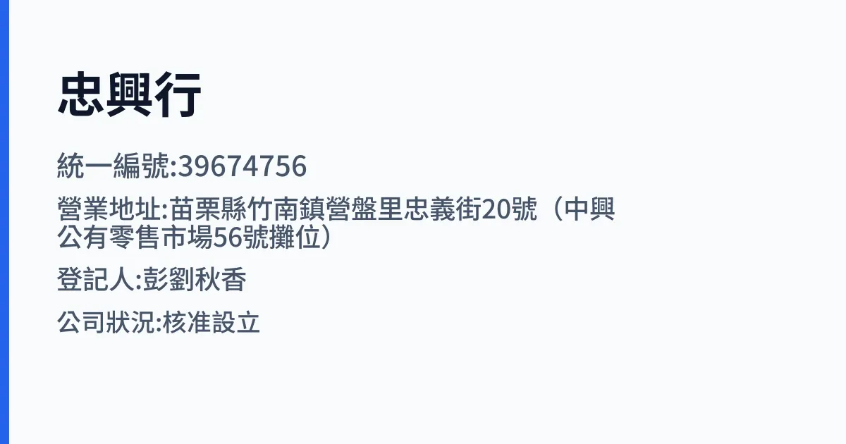 忠興行 - 統編 39674756(苗栗縣) 公司登記資料與營業項目詳細圖表