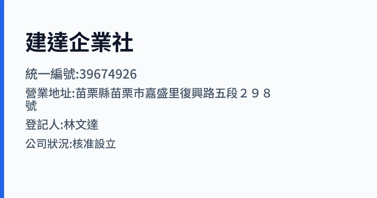 建達企業社 - 統編 39674926(苗栗縣) 公司登記資料與營業項目詳細圖表