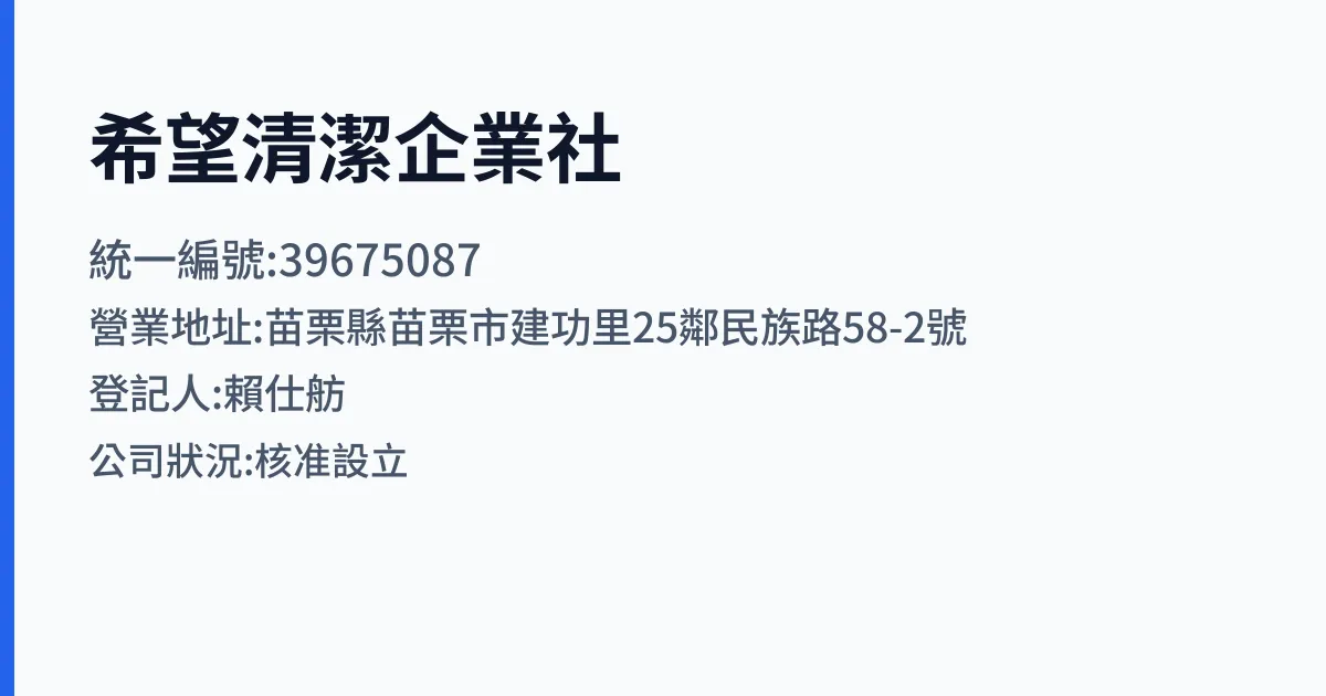 希望清潔企業社 - 統編 39675087(苗栗縣) 公司登記資料與營業項目詳細圖表