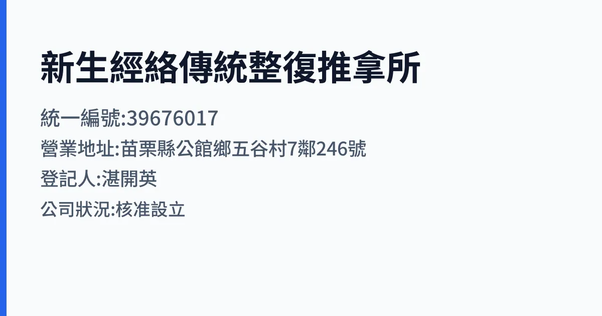 新生經絡傳統整復推拿所 - 統編 39676017(苗栗縣) 公司登記資料與營業項目詳細圖表
