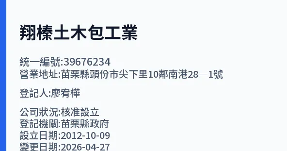 翔榛土木包工業的照片-統編 39676234(苗栗縣) 公司登記資料與營業項目詳細圖表