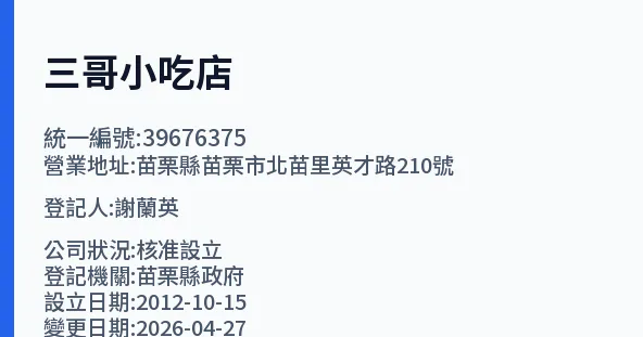 三哥小吃店的照片-統編 39676375(苗栗縣) 公司登記資料與營業項目詳細圖表