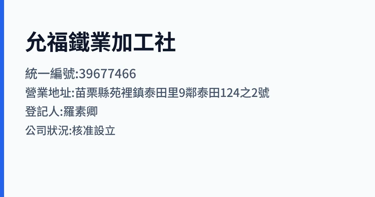 允福鐵業加工社 - 統編 39677466(苗栗縣) 公司登記資料與營業項目詳細圖表