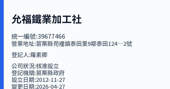 允福鐵業加工社的照片-統編 39677466(苗栗縣) 公司登記資料與營業項目詳細圖表