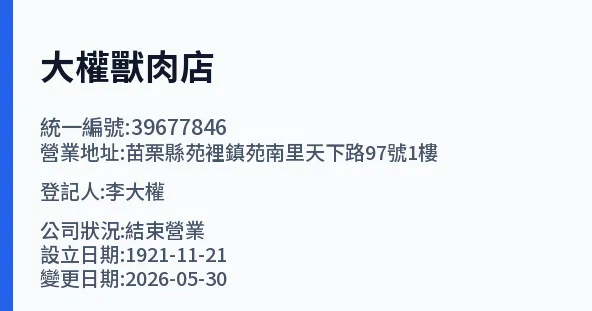 大權獸肉店的照片-統編 39677846(苗栗縣) 公司登記資料與營業項目詳細圖表
