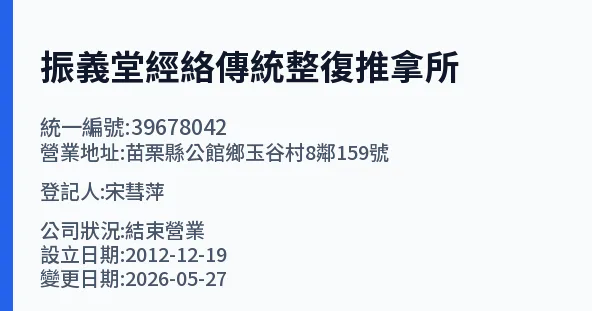 振義堂經絡傳統整復推拿所的照片-統編 39678042(苗栗縣) 公司登記資料與營業項目詳細圖表