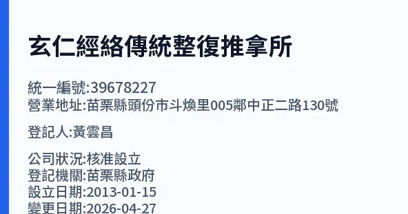 玄仁經絡傳統整復推拿所的照片-統編 39678227(苗栗縣) 公司登記資料與營業項目詳細圖表
