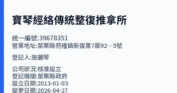 寶琴經絡傳統整復推拿所的照片-統編 39678351(苗栗縣) 公司登記資料與營業項目詳細圖表