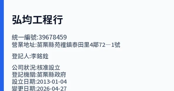 弘均工程行的照片-統編 39678459(苗栗縣) 公司登記資料與營業項目詳細圖表