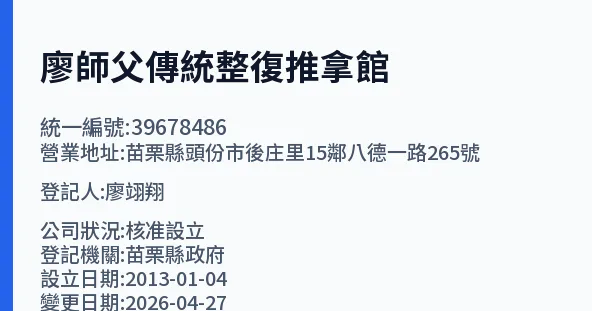 廖師父傳統整復推拿館的照片-統編 39678486(苗栗縣) 公司登記資料與營業項目詳細圖表