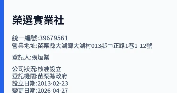 榮選實業社的照片-統編 39679561(苗栗縣) 公司登記資料與營業項目詳細圖表