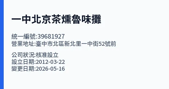 一中北京茶燻魯味攤的照片-統編 39681927(臺中市) 公司登記資料與營業項目詳細圖表