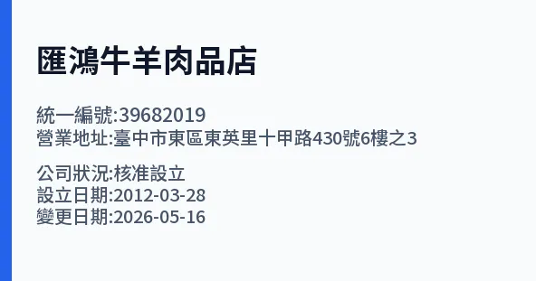 匯鴻牛羊肉品店的照片-統編 39682019(臺中市) 公司登記資料與營業項目詳細圖表
