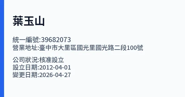 葉玉山的照片-統編 39682073(臺中市) 公司登記資料與營業項目詳細圖表