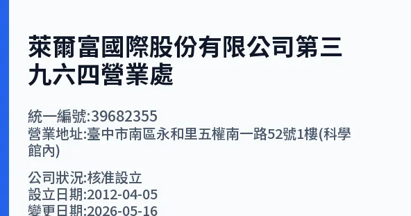 萊爾富國際股份有限公司第三九六四營業處的照片-統編 39682355(臺中市) 公司登記資料與營業項目詳細圖表