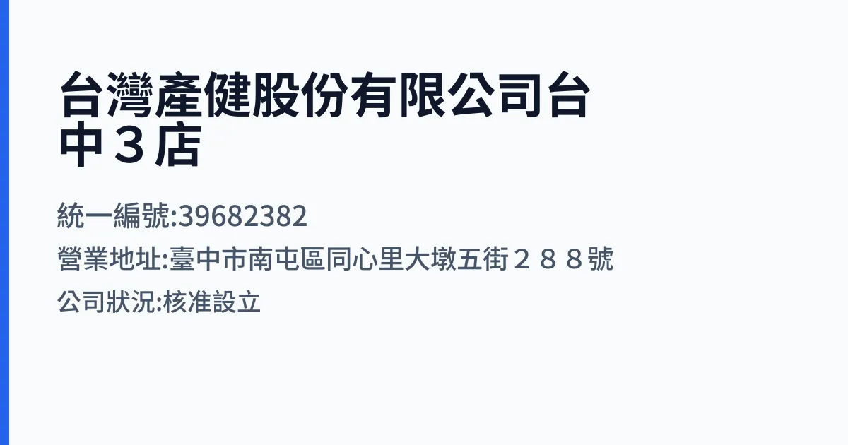 台灣產健股份有限公司台中３店 - 統編 39682382(臺中市) 公司登記資料與營業項目詳細圖表