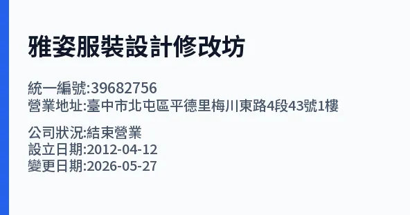 雅姿服裝設計修改坊的照片-統編 39682756(臺中市) 公司登記資料與營業項目詳細圖表