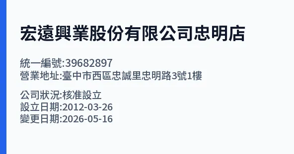 宏遠興業股份有限公司忠明店的照片-統編 39682897(臺中市) 公司登記資料與營業項目詳細圖表