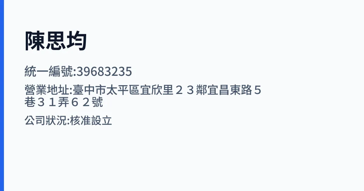 陳思均 - 統編 39683235(臺中市) 公司登記資料與營業項目詳細圖表