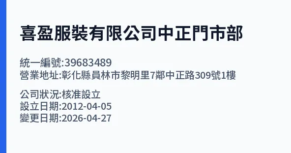 喜盈服裝有限公司中正門市部的照片-統編 39683489(彰化縣) 公司登記資料與營業項目詳細圖表