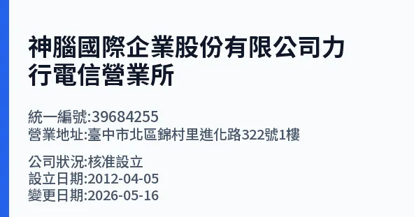 神腦國際企業股份有限公司力行電信營業所的照片-統編 39684255(臺中市) 公司登記資料與營業項目詳細圖表