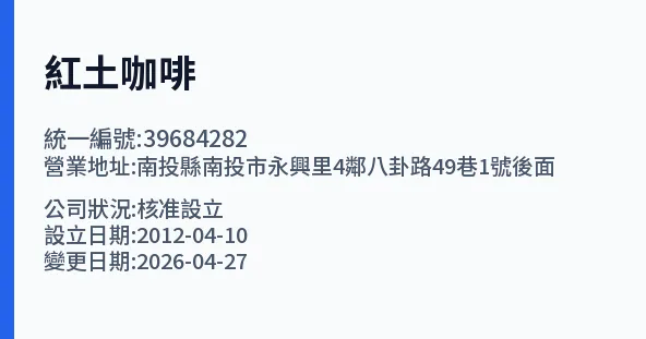 紅土咖啡的照片-統編 39684282(南投縣) 公司登記資料與營業項目詳細圖表