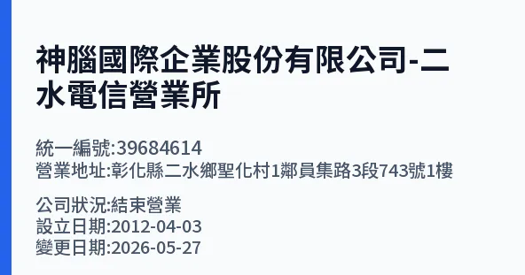 神腦國際企業股份有限公司-二水電信營業所的照片-統編 39684614(彰化縣) 公司登記資料與營業項目詳細圖表