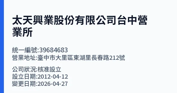 太天興業股份有限公司台中營業所的照片-統編 39684683(臺中市) 公司登記資料與營業項目詳細圖表