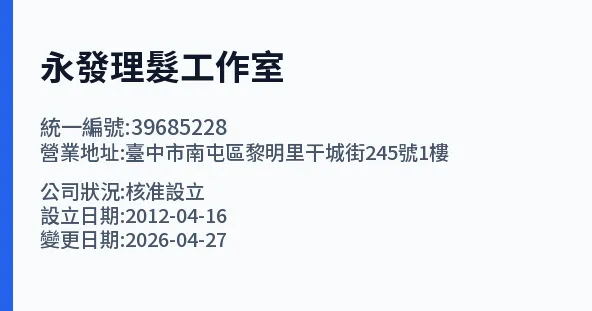 永發理髮工作室的照片-統編 39685228(臺中市) 公司登記資料與營業項目詳細圖表