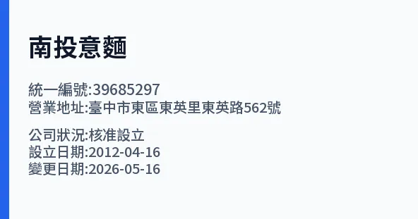 南投意麵的照片-統編 39685297(臺中市) 公司登記資料與營業項目詳細圖表