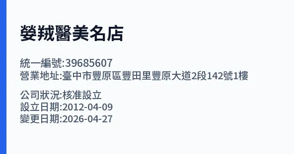 嫈羢醫美名店的照片-統編 39685607(臺中市) 公司登記資料與營業項目詳細圖表