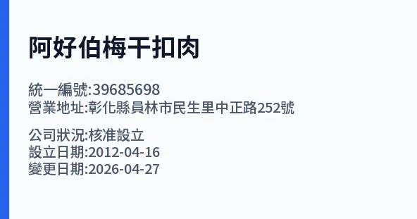 阿好伯梅干扣肉的照片-統編 39685698(彰化縣) 公司登記資料與營業項目詳細圖表