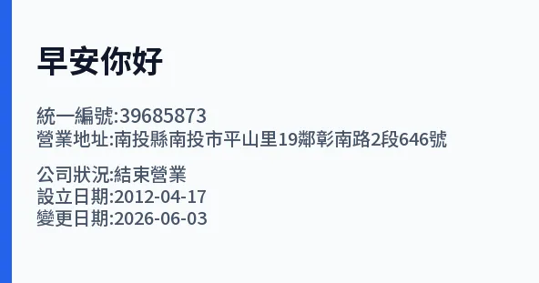 早安你好的照片-統編 39685873(南投縣) 公司登記資料與營業項目詳細圖表