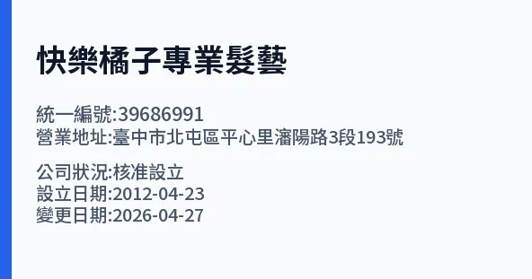 快樂橘子專業髮藝的照片-統編 39686991(臺中市) 公司登記資料與營業項目詳細圖表