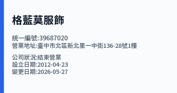 格藍莫服飾的照片-統編 39687020(臺中市) 公司登記資料與營業項目詳細圖表