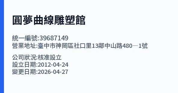 圓夢曲線雕塑館的照片-統編 39687149(臺中市) 公司登記資料與營業項目詳細圖表
