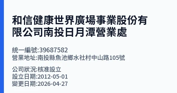 和信健康世界廣場事業股份有限公司南投日月潭營業處的照片-統編 39687582(南投縣) 公司登記資料與營業項目詳細圖表