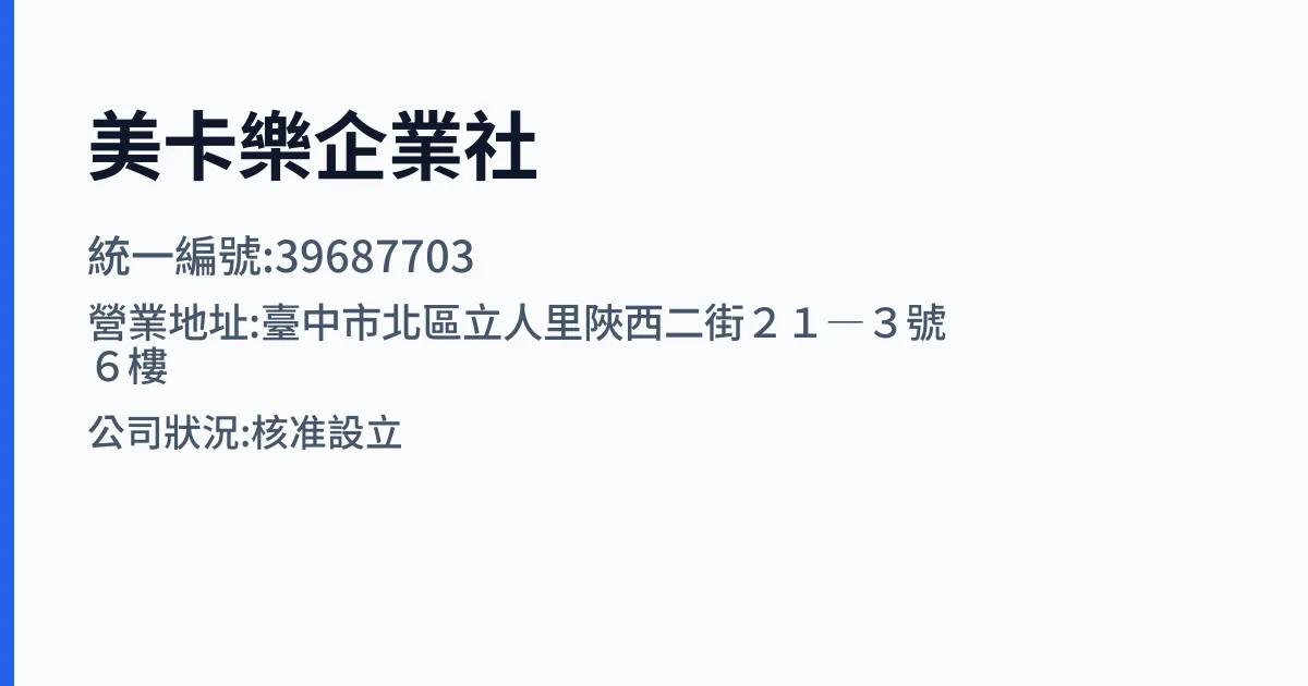 美卡樂企業社 - 統編 39687703(臺中市) 公司登記資料與營業項目詳細圖表