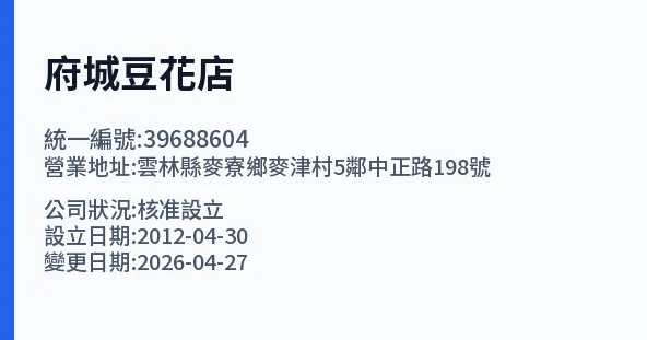 府城豆花店的照片-統編 39688604(雲林縣) 公司登記資料與營業項目詳細圖表