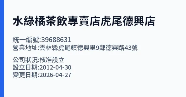 水綠橘茶飲專賣店虎尾德興店的照片-統編 39688631(雲林縣) 公司登記資料與營業項目詳細圖表