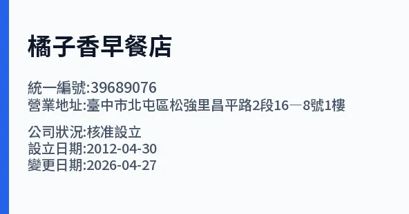 橘子香早餐店的照片-統編 39689076(臺中市) 公司登記資料與營業項目詳細圖表