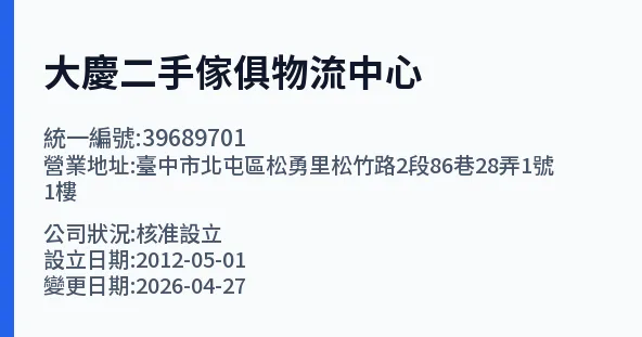 大慶二手傢俱物流中心的照片-統編 39689701(臺中市) 公司登記資料與營業項目詳細圖表